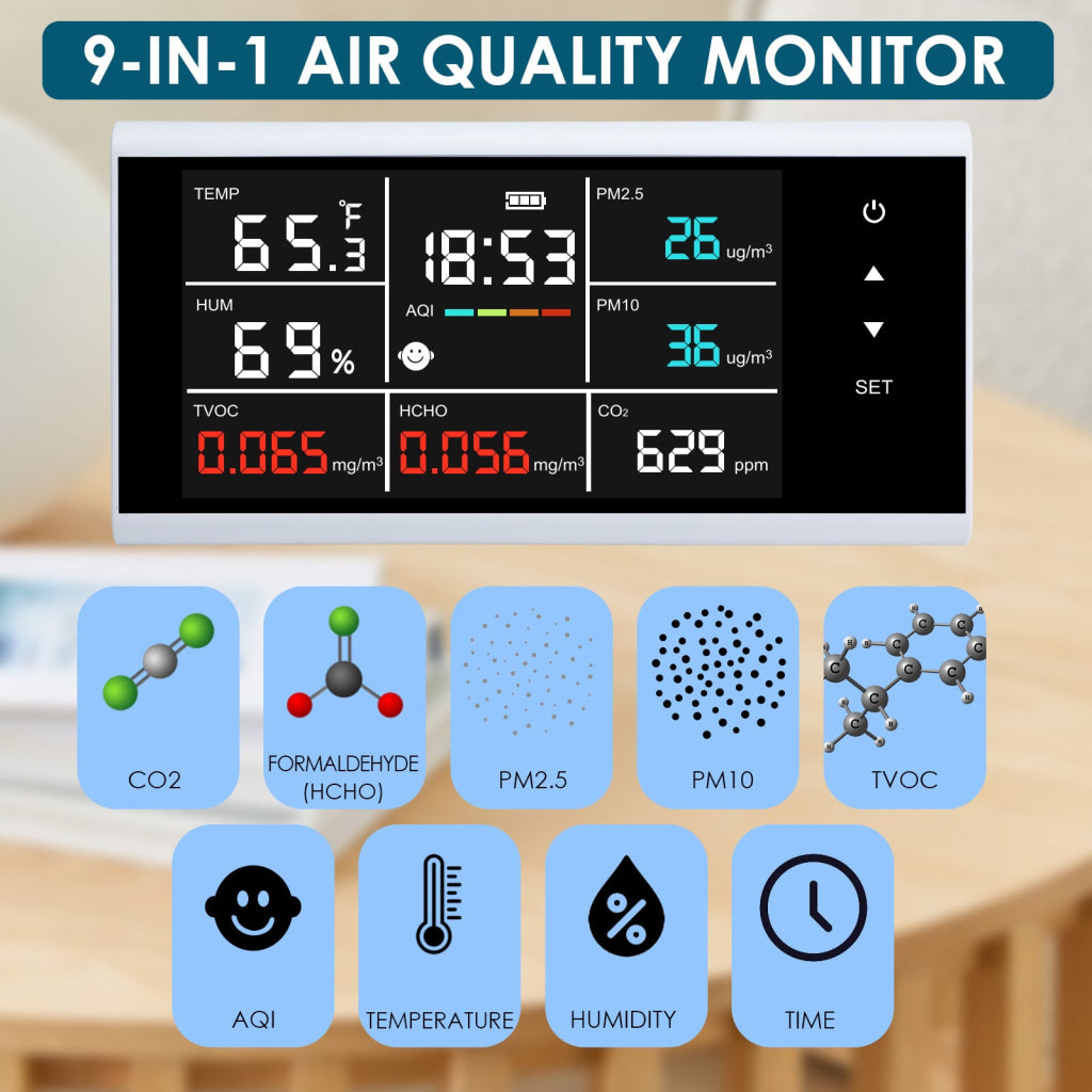 AQM-410 Portable 8-in-1 Indoor Air Quality Monitor CO2/TVOC/HCHO/AQI/P ...