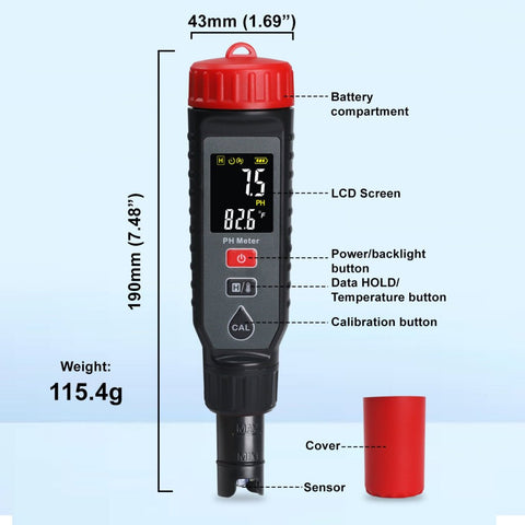 PHM-443 Digital Pentype pH Meter High Accuracy Colored Screen | Red ...