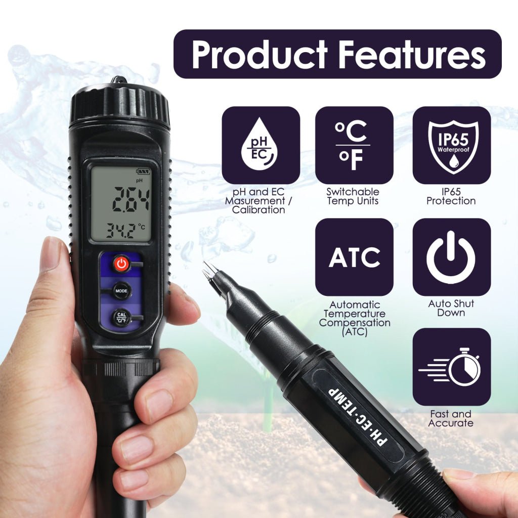 WQM-448 Digital 3-in-1 pH | EC | Temperature Tester Waterproof IP65 for ...